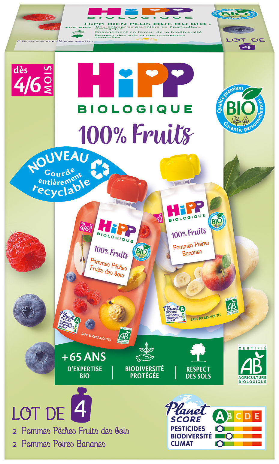 Gourdes 100% Fruits 2 variétés Bio 4/6 mois Hipp